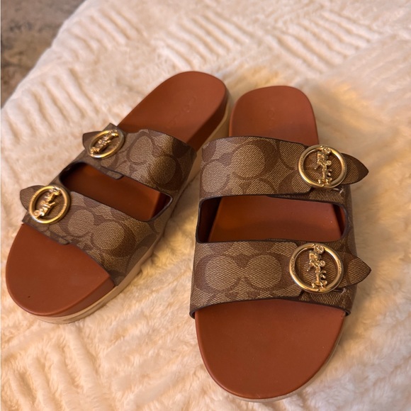 Coach | Shoes | Coach Brown Signature Slide Sandals With Gold Carriage ...